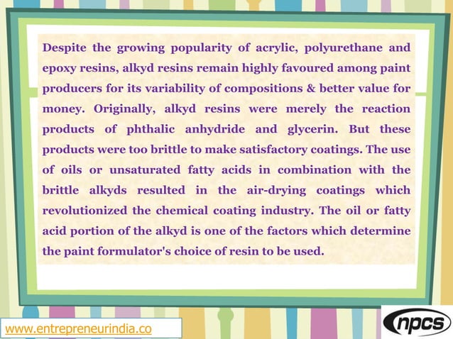 Alkyd Resins Manufacturing, Formulation and Processing | PPTX
