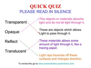 LIGHT REVISION AND QUIZ | PPT