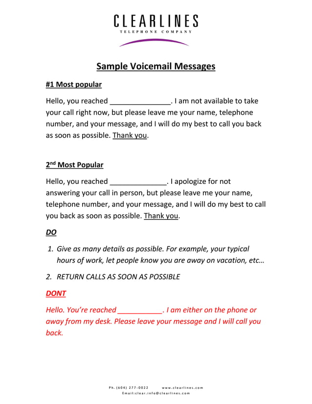 Sample voicemail greetings | PDF