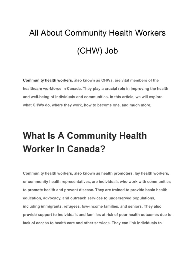 All About Community Health Workers (CHW) Job | PDF