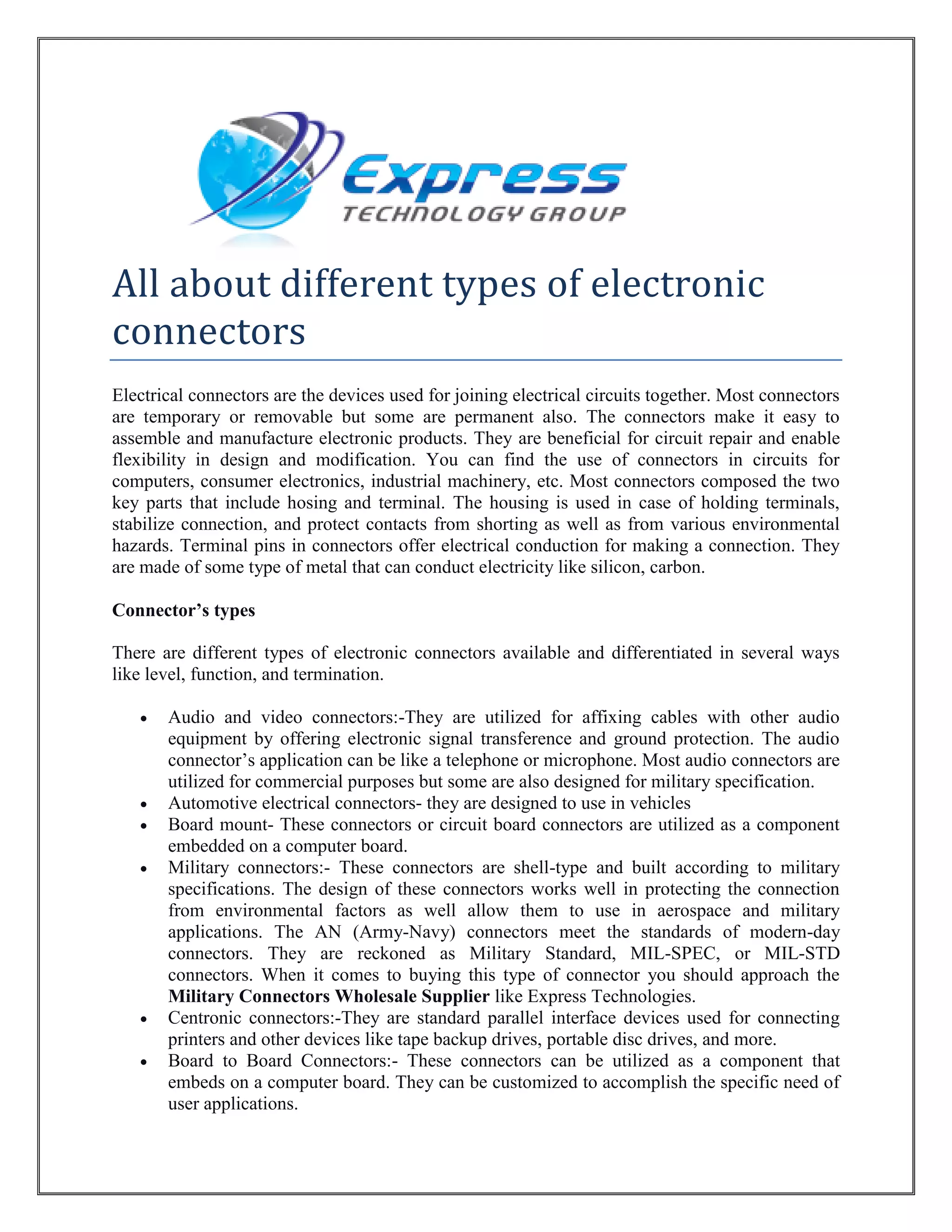 All about different types of electronic connectors | PDF