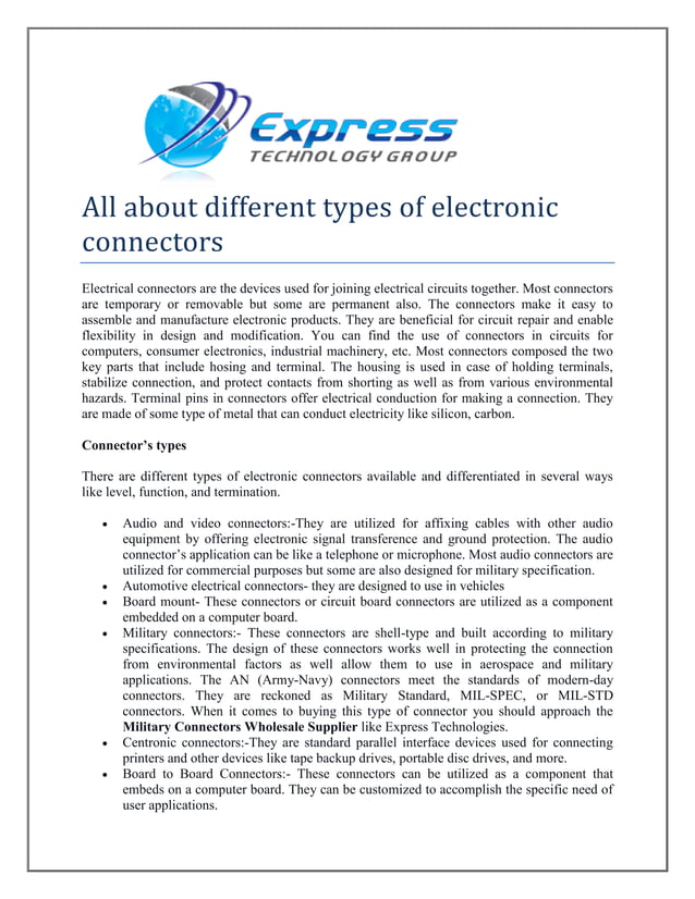 All about different types of electronic connectors | PDF