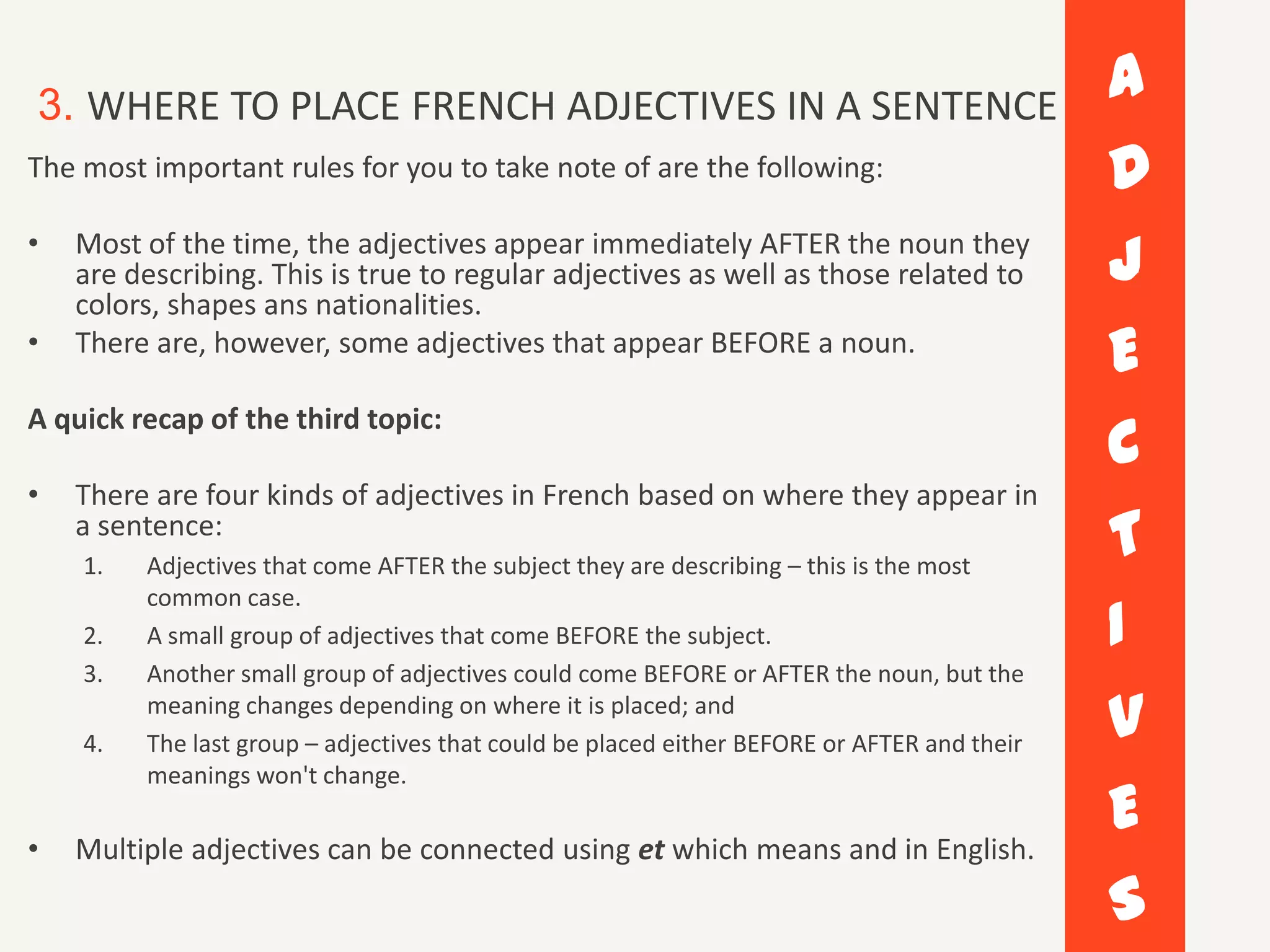 French Adjectives - Adjectifs. All about French adjectives | PDF