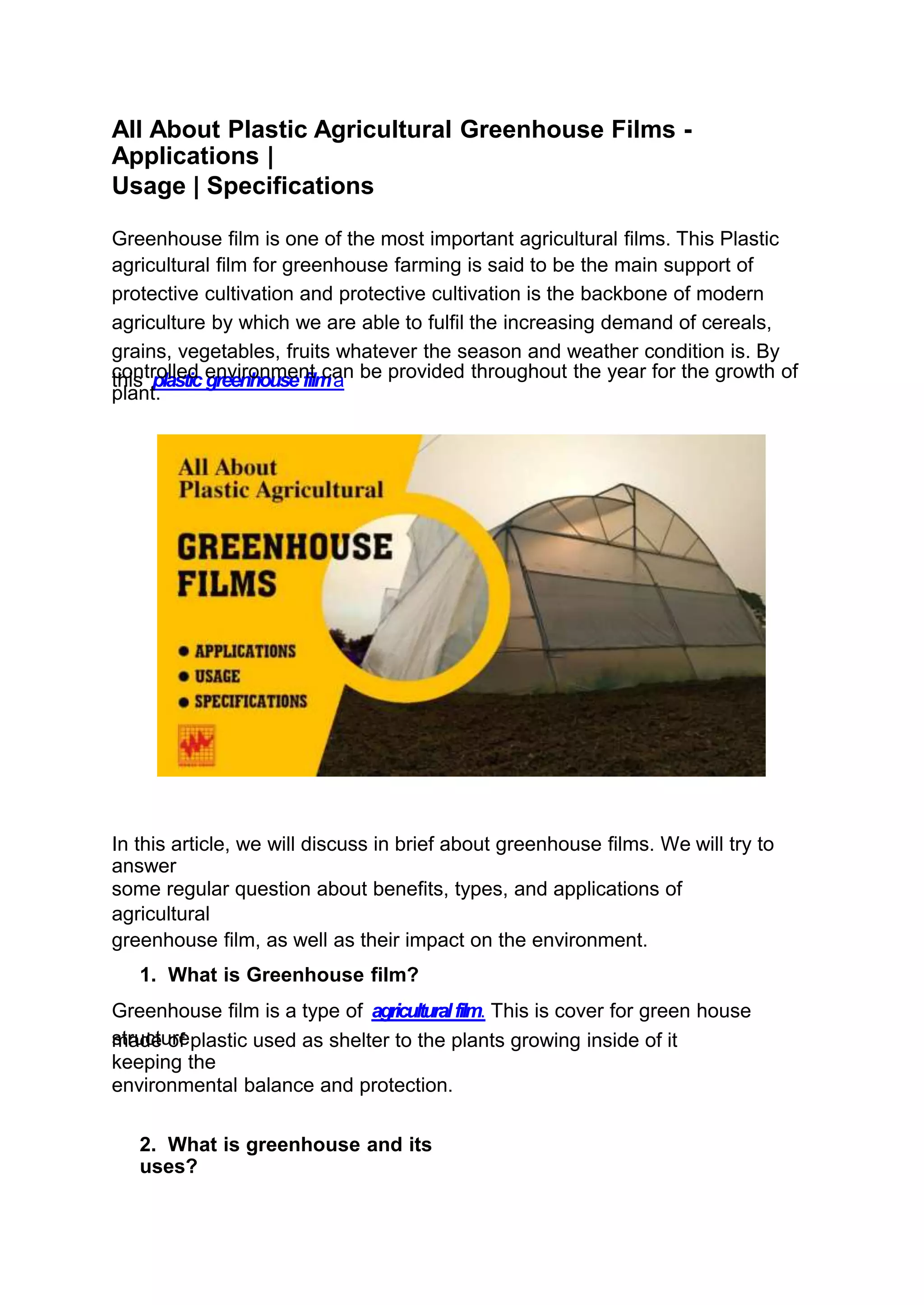 All About Plastic Agricultural Greenhouse Films - Applications - Usage ...