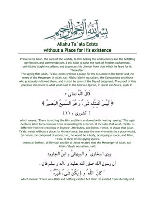 Allah Exists Without a Place | PDF