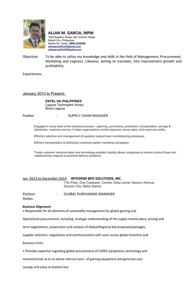 Allan garcia resume latest revision 100614 | PDF