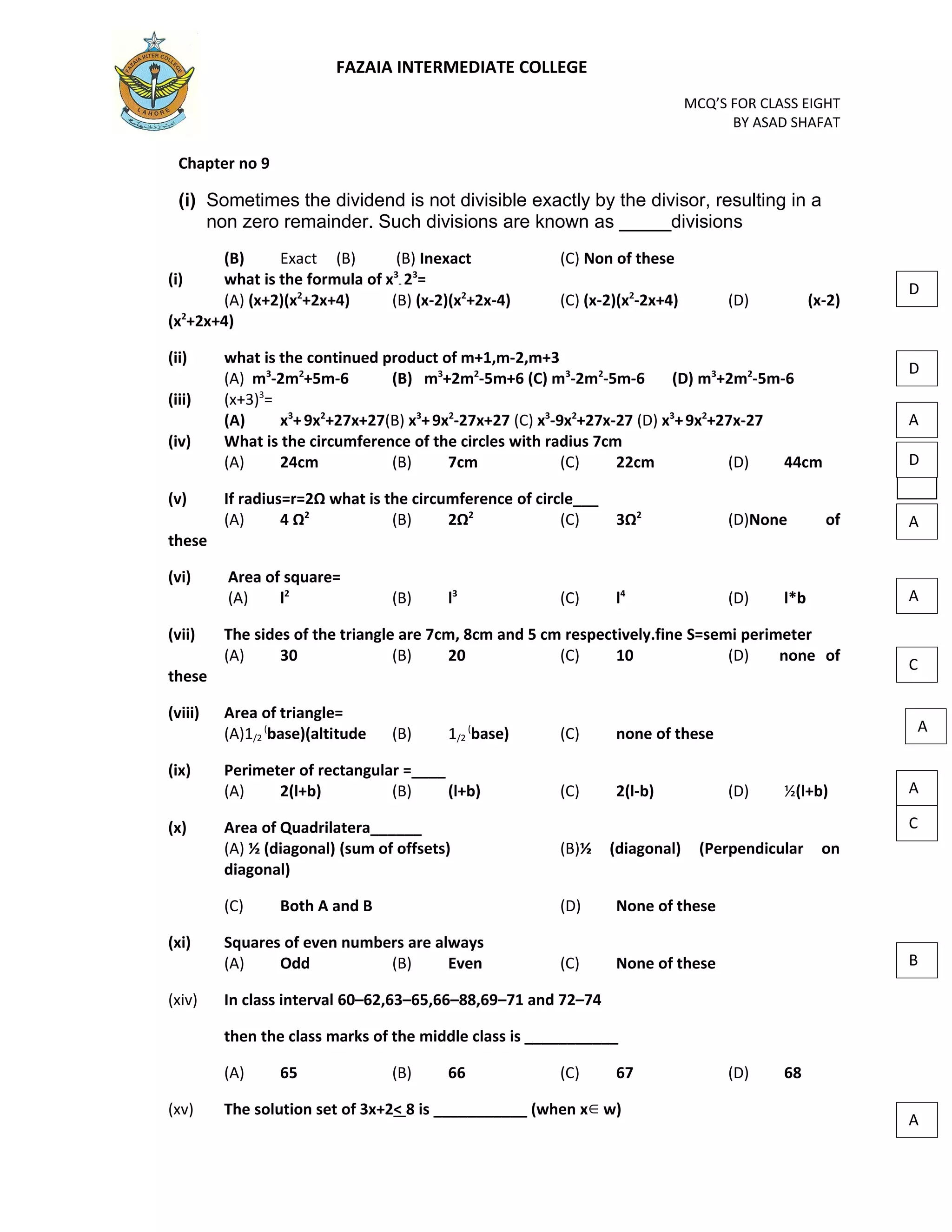 MCQ's for 8th class All book mxq's before mide term | PDF