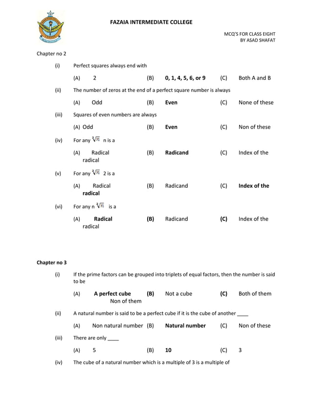 MCQ's for 8th class All book mxq's before mide term | PDF
