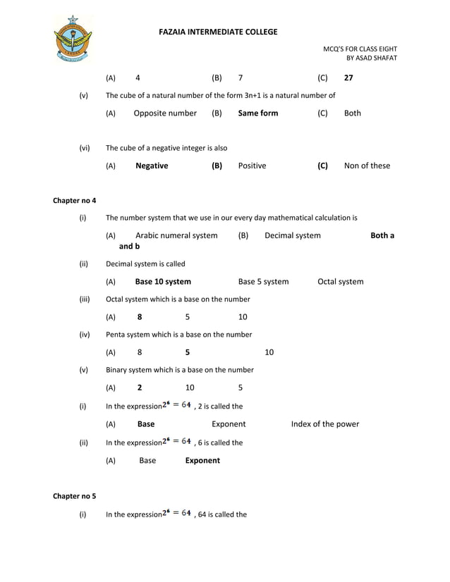 MCQ's for 8th class All book mxq's before mide term | PDF