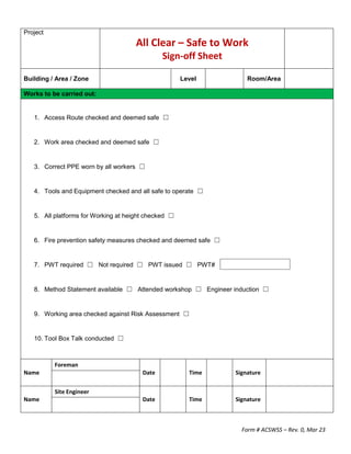 All Clear - Safe to Work Sign Off Sheet Form # ACSWSS – Rev. 0.docx