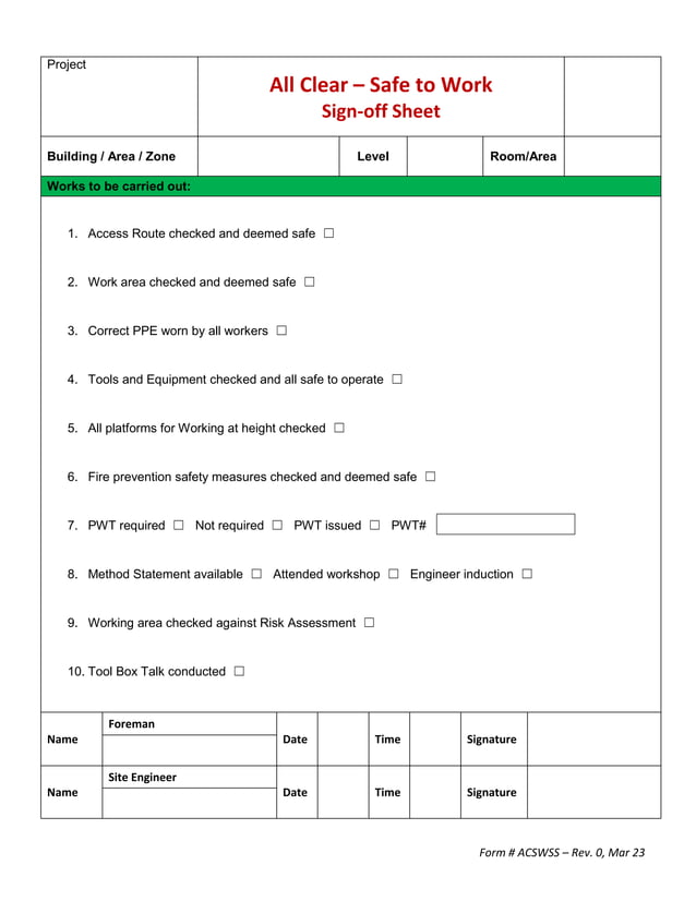 All Clear - Safe to Work Sign Off Sheet Form # ACSWSS – Rev. 0.docx