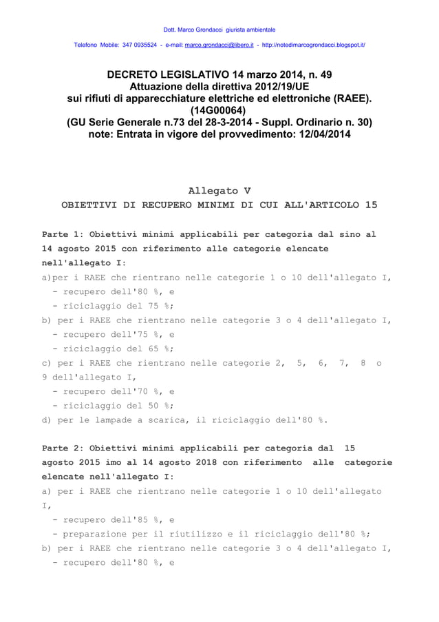 Allegato V DLgs 49/2014 gestione rifiuti elettronici | PDF