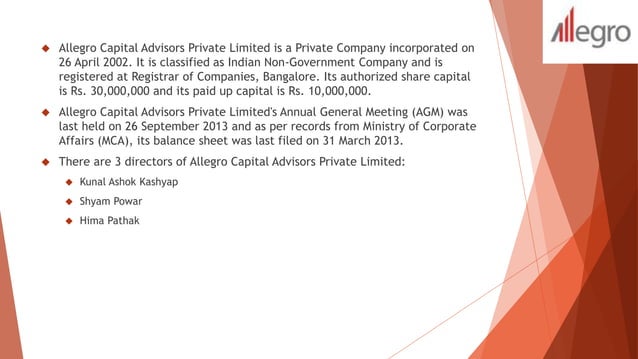 Allegro capital investors | PPTX | Business Banking & Finance | Business