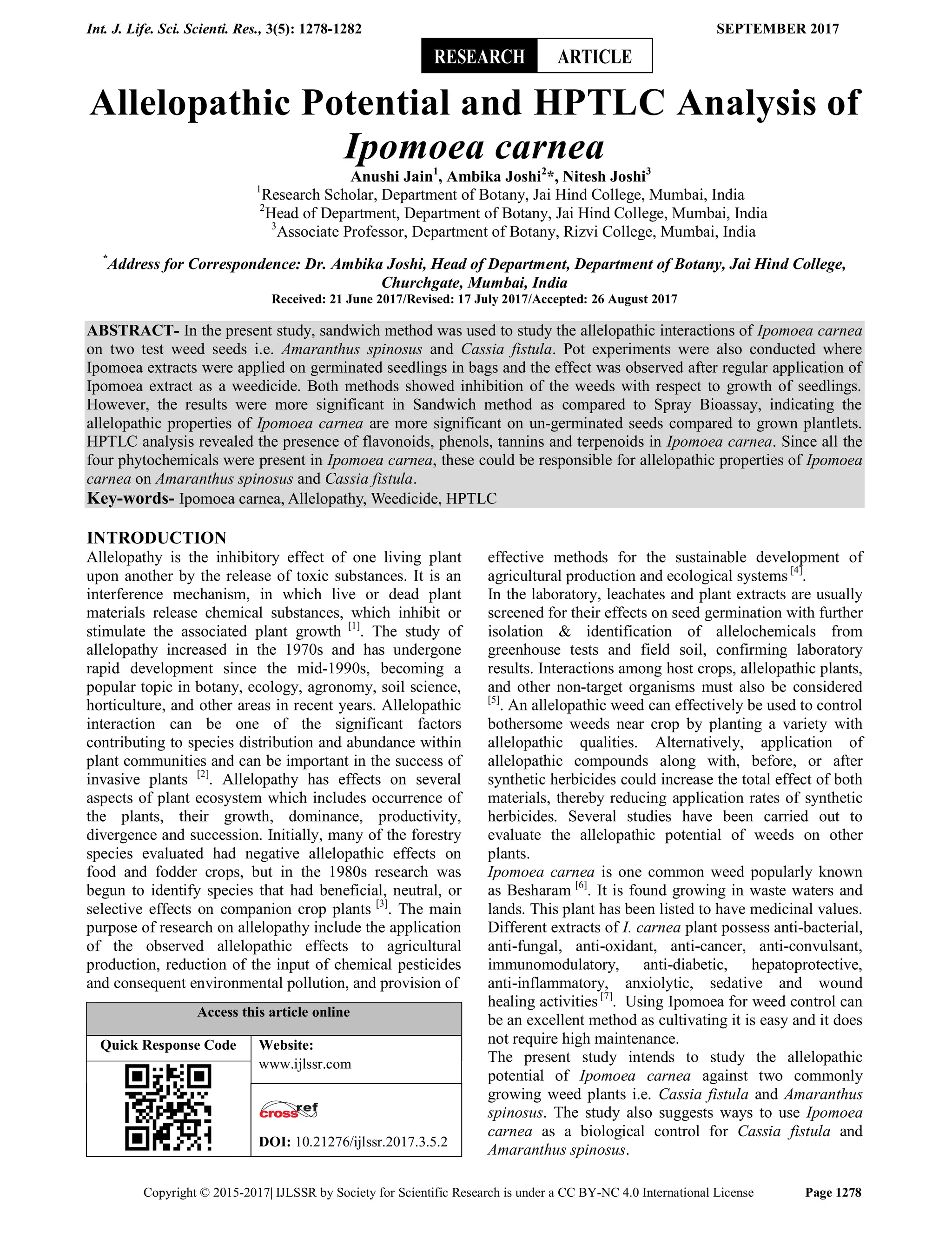 Allelopathic Potential and HPTLC Analysis of Ipomoea carnea | PDF