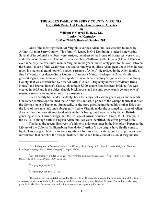 THE ALLEN FAMILY OF SURRY COUNTY, VIRGINIA: Its British Roots And Early ...
