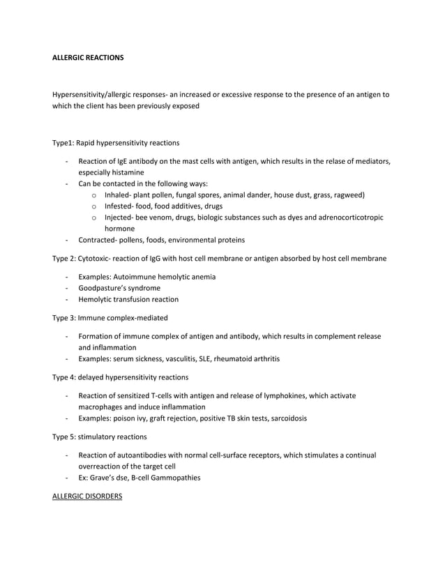 NCM notes: Allergic reactions | DOCX | Allergies | Diseases and Conditions