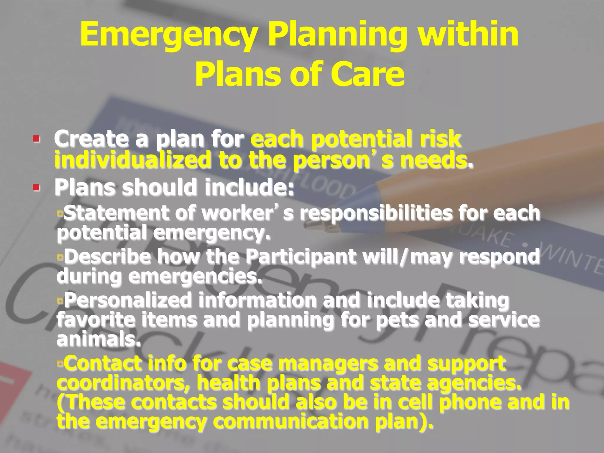 All hazards preparedness and planning for people with health needs and ...