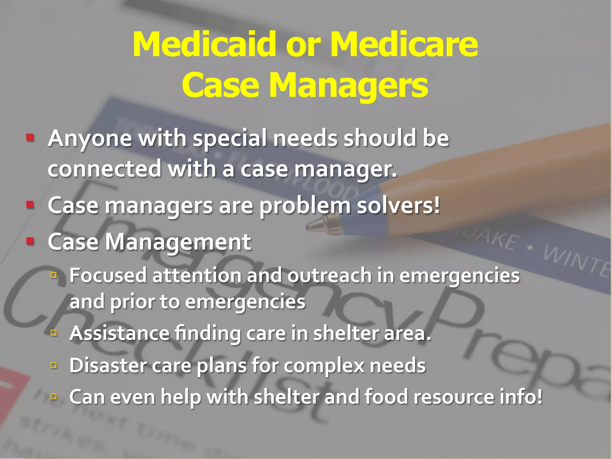 All hazards preparedness and planning for people with health needs and ...