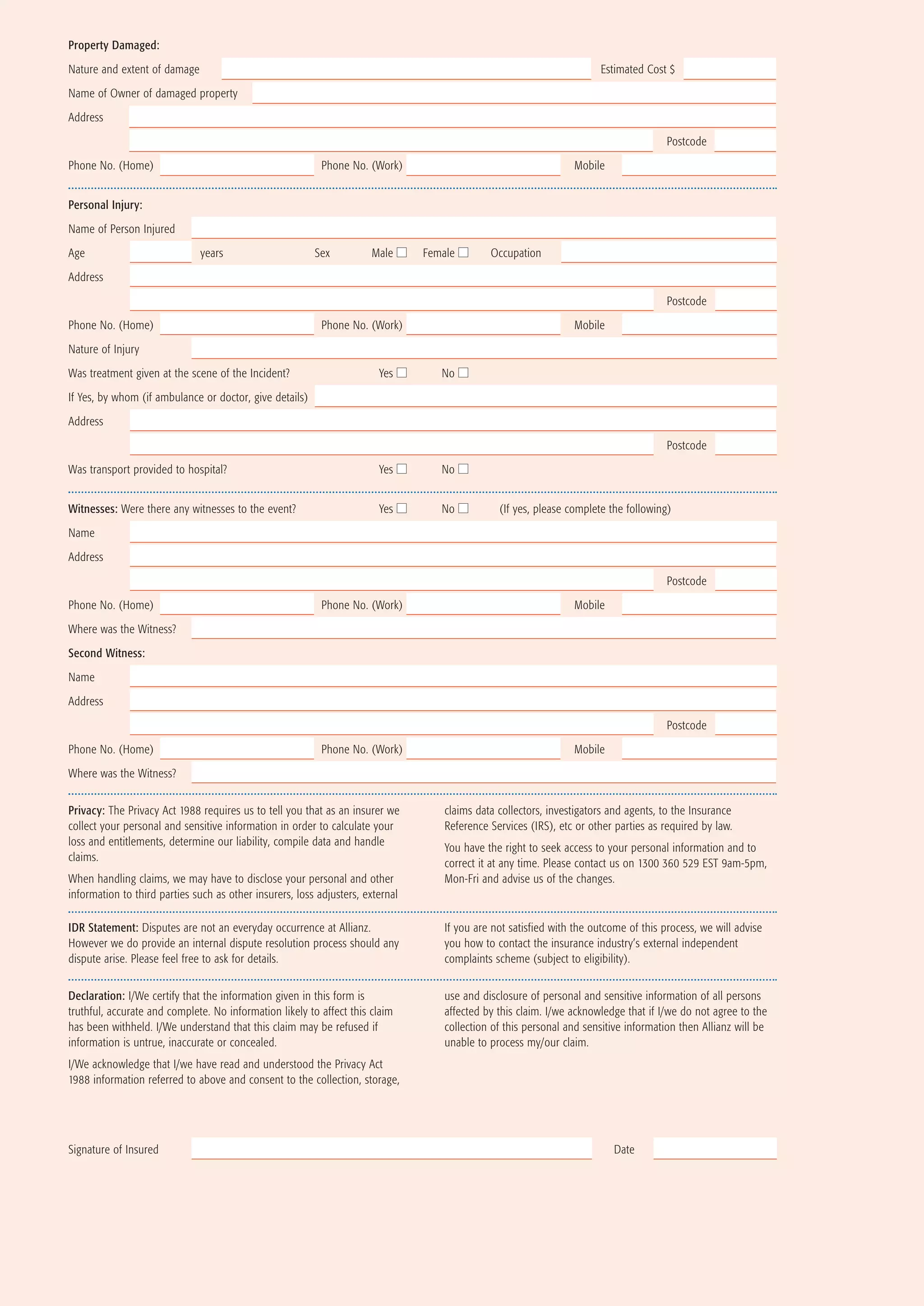 Allianz Liability Claim Form | PDF