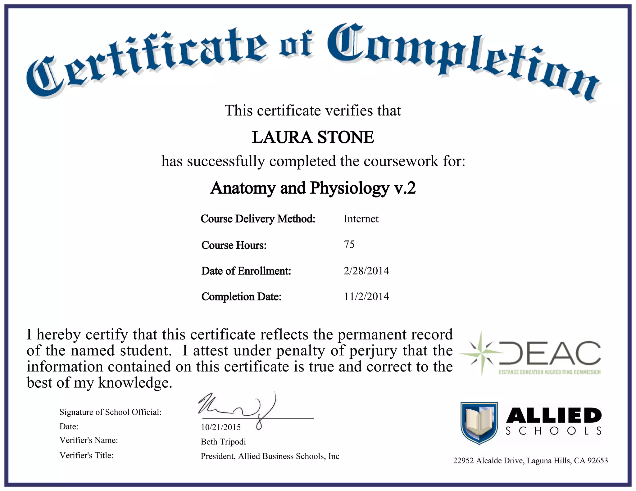 Allied medical anantomy certificate286505 | PDF
