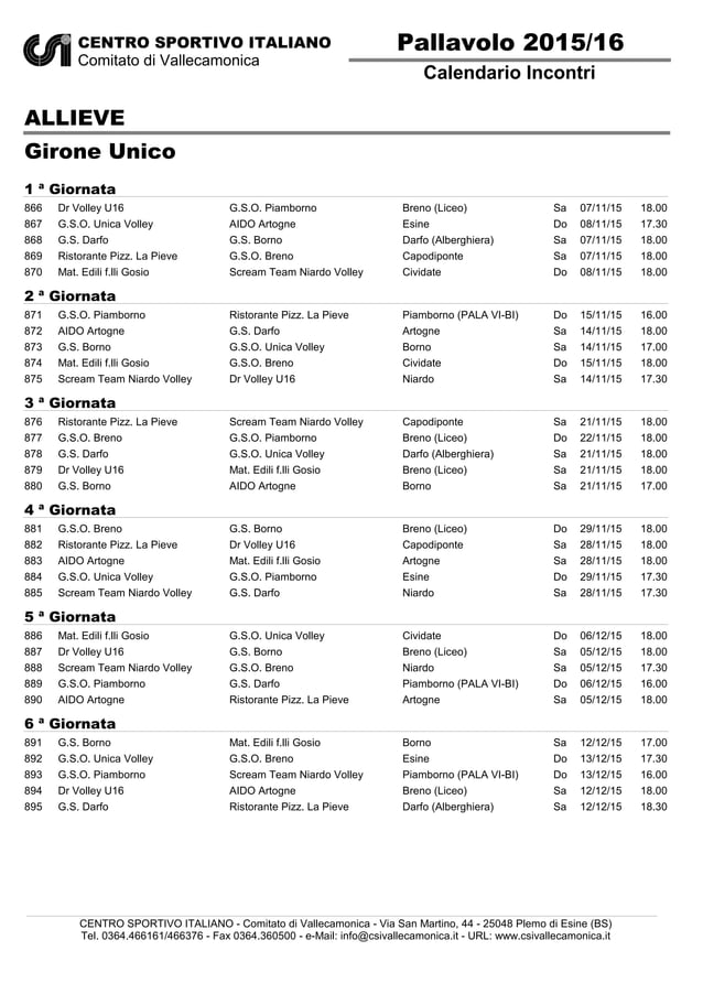 Calendario campionato Allieve | PDF