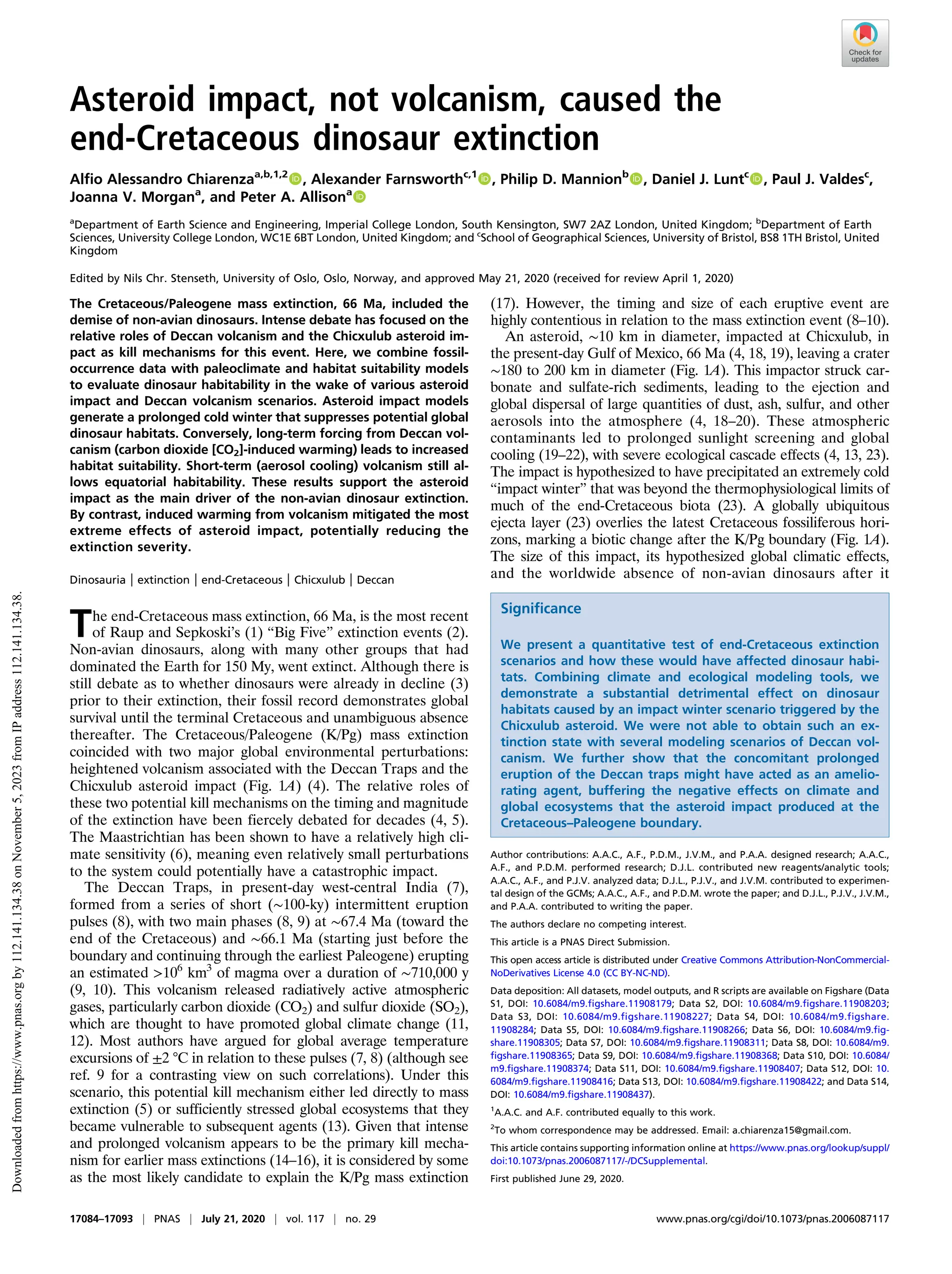 Allison Et Al 2020 Asteroid Impact Not Volcanism Caused The End Cretaceous Dinosaur Extinctionpdf