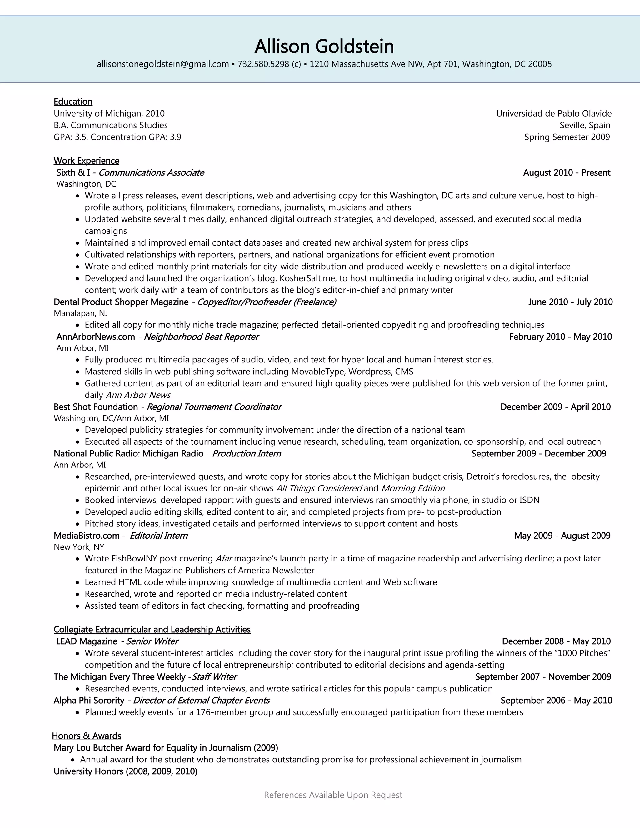 Allison goldstein resume | PDF