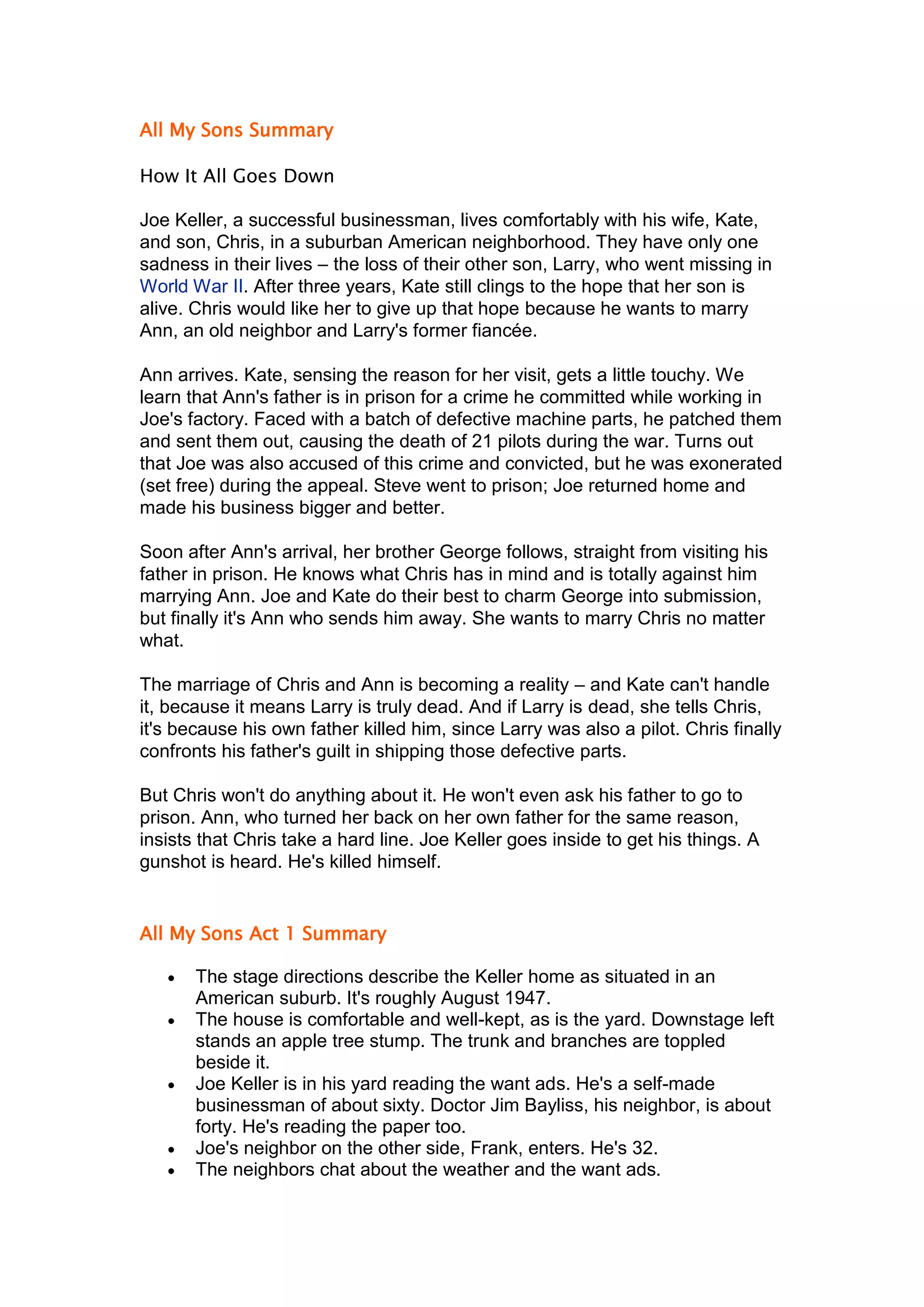 All my sons summary | DOCX