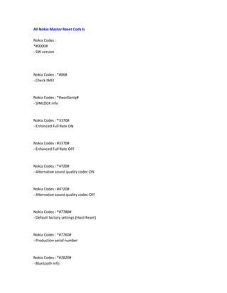 All Nokia Mobile Codes