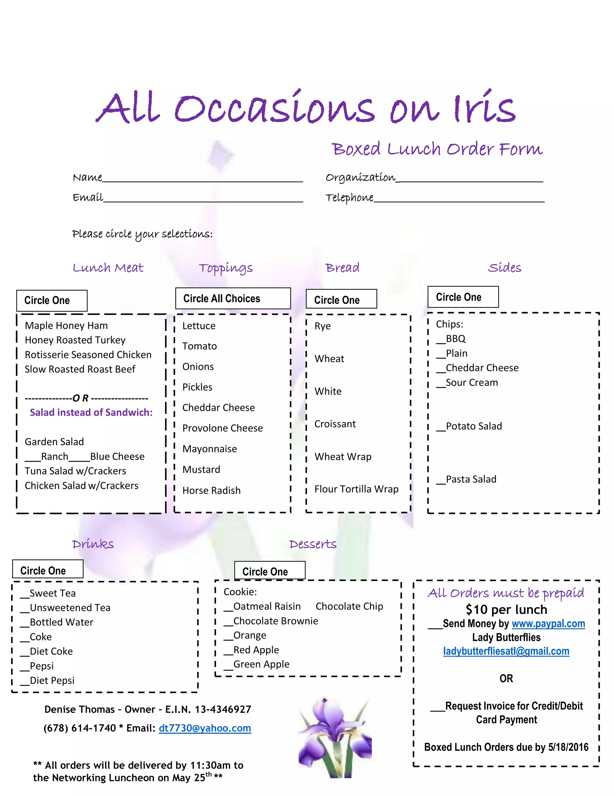 All occasions on iris boxed lunch order form | PDF