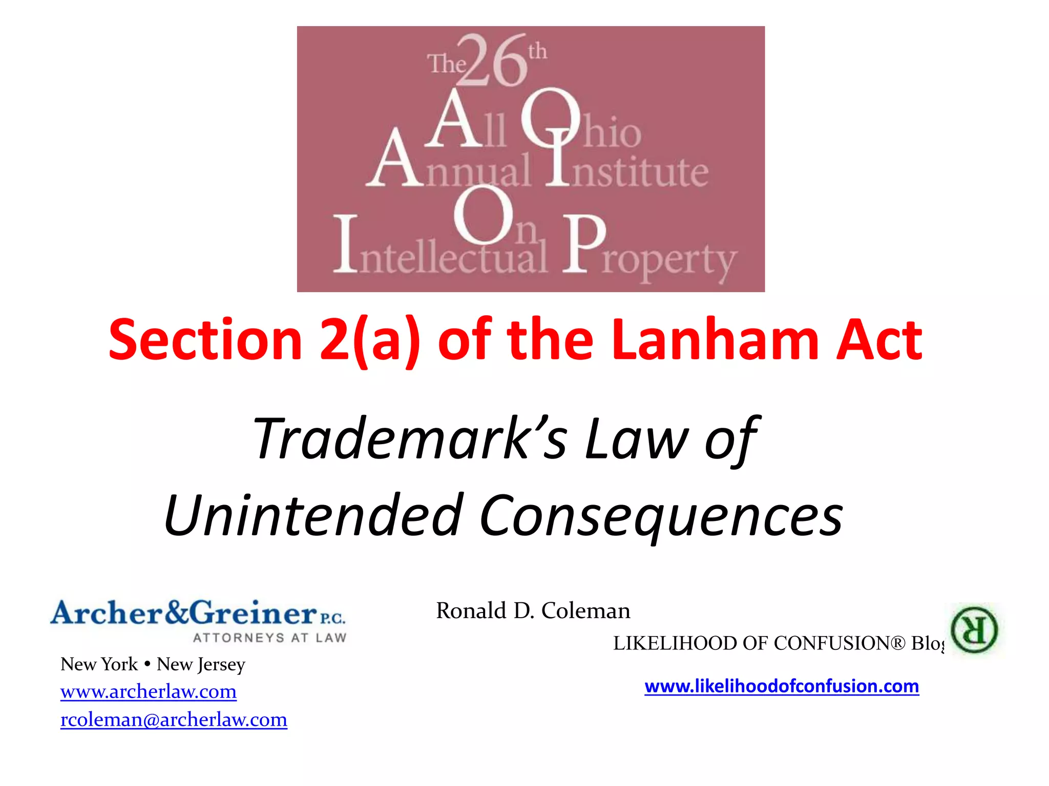Section 2(a) of the Lanham Act: Trademark’s Law of Unintended ...