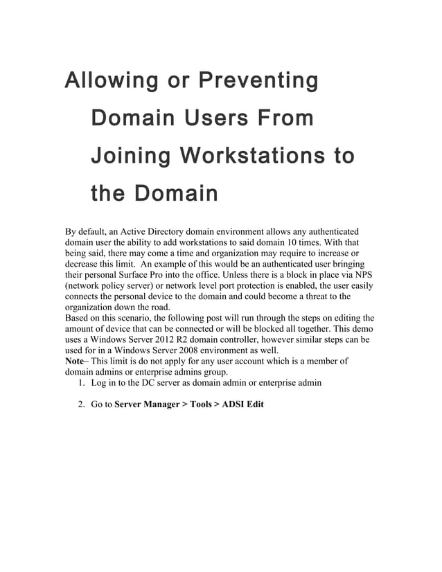 Allowing Or Preventing Domain Users From Joining Workstations To The Domain Doc Operating