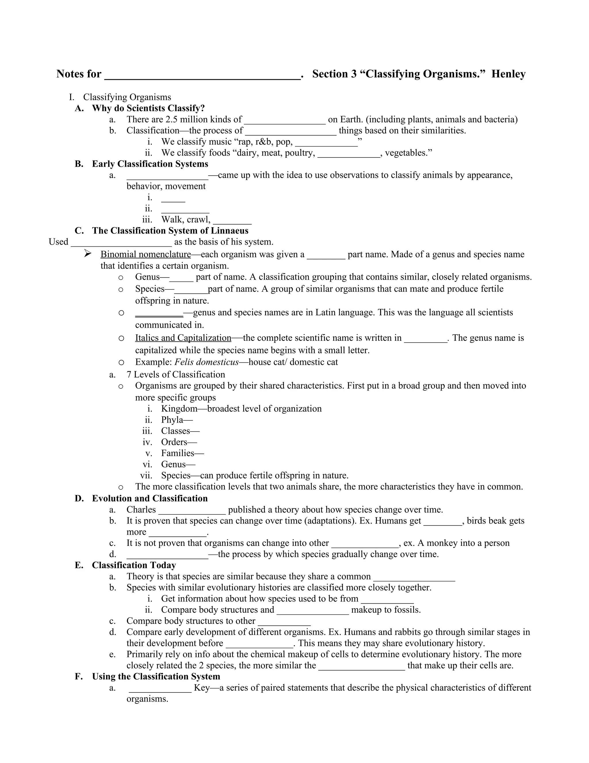 Life and Classification Notes Fill In2 | DOC