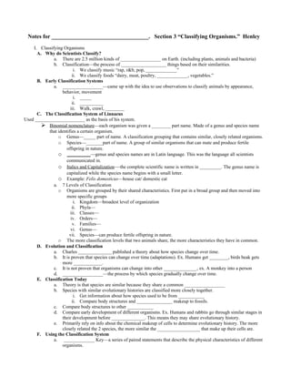 Life and Classification Notes Fill In2 | DOC
