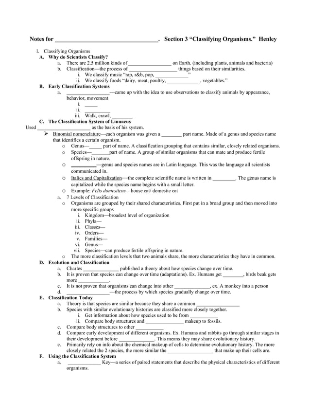 Life and Classification Notes Fill In2 | DOC