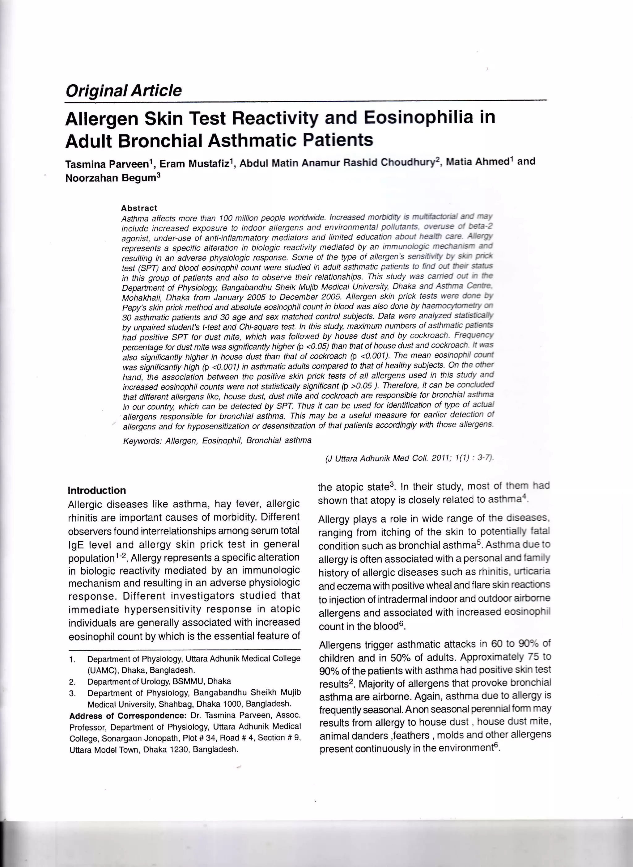 Allergen Skin Test Reactivity and Eosinophilia in Adult Bronchial ...
