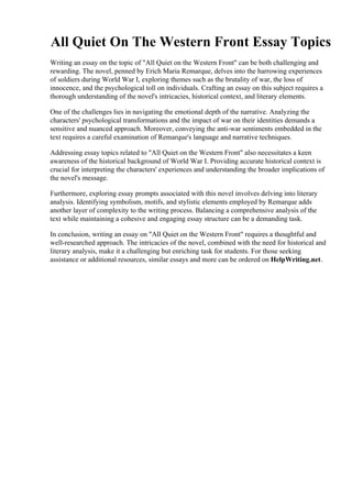 All Quiet On The Western Front Essay Topics | PDF