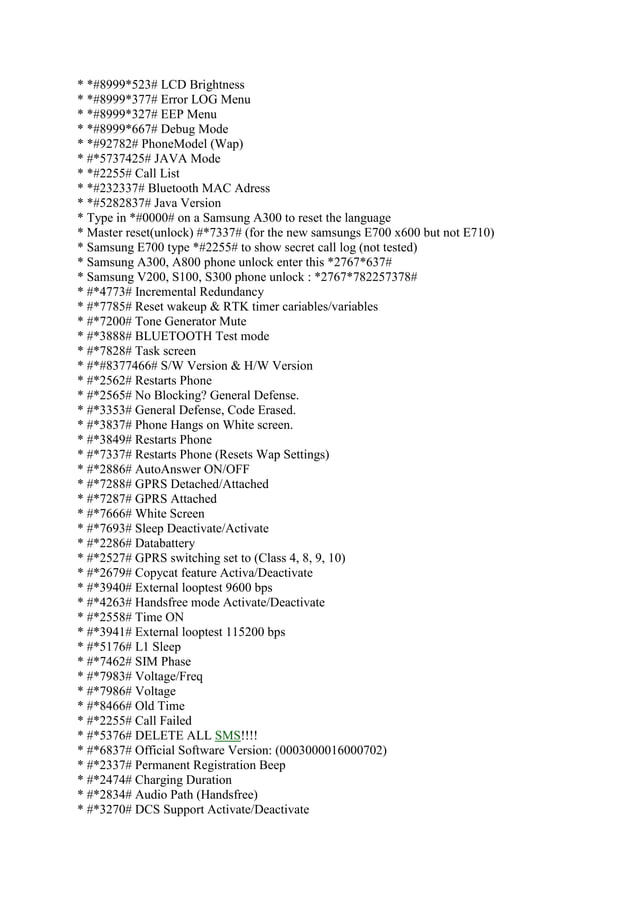 All secret codes of samsung mobile phone | DOCX