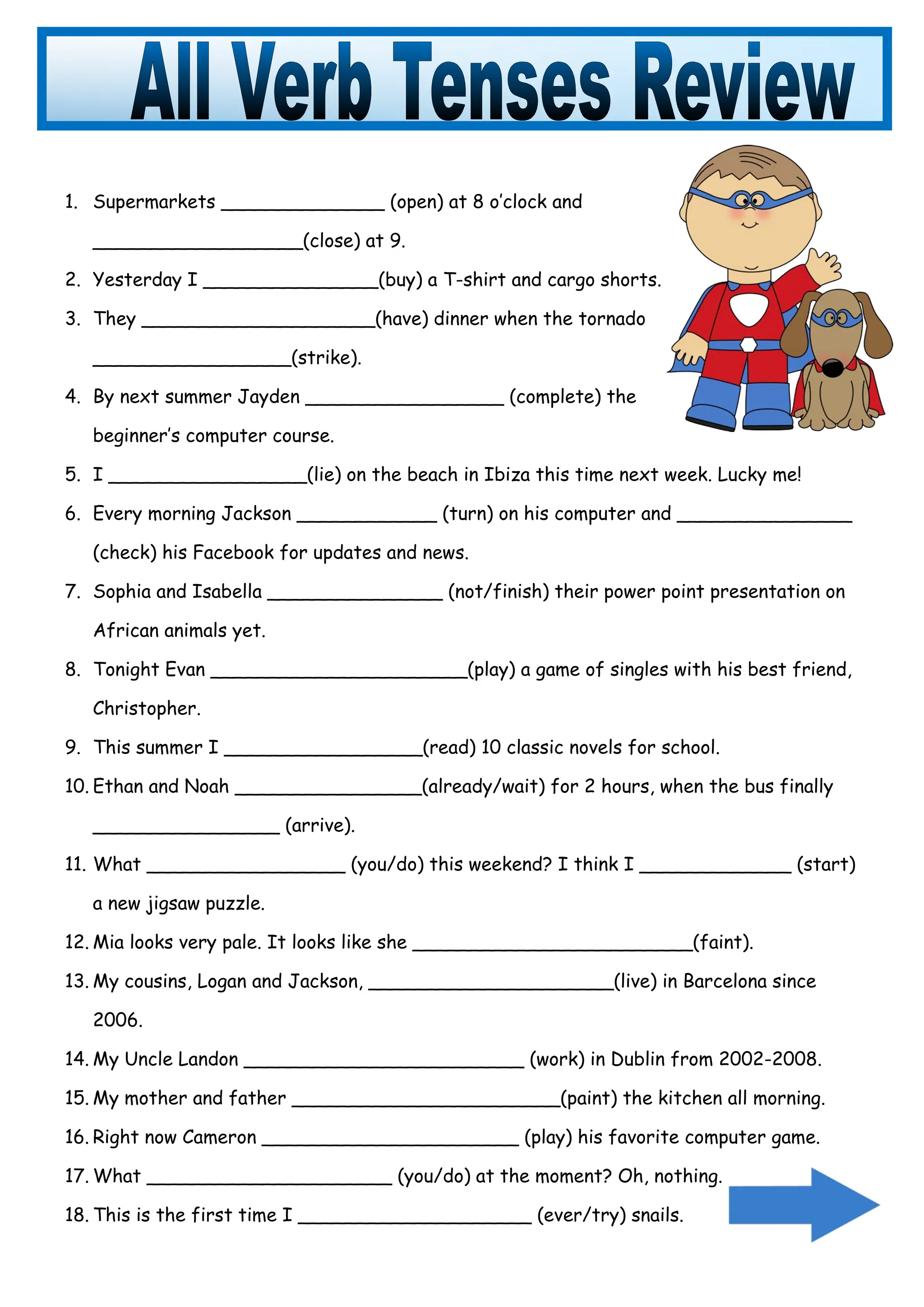 All verb tenses review .A total revision of tenses with gaps. | DOCX