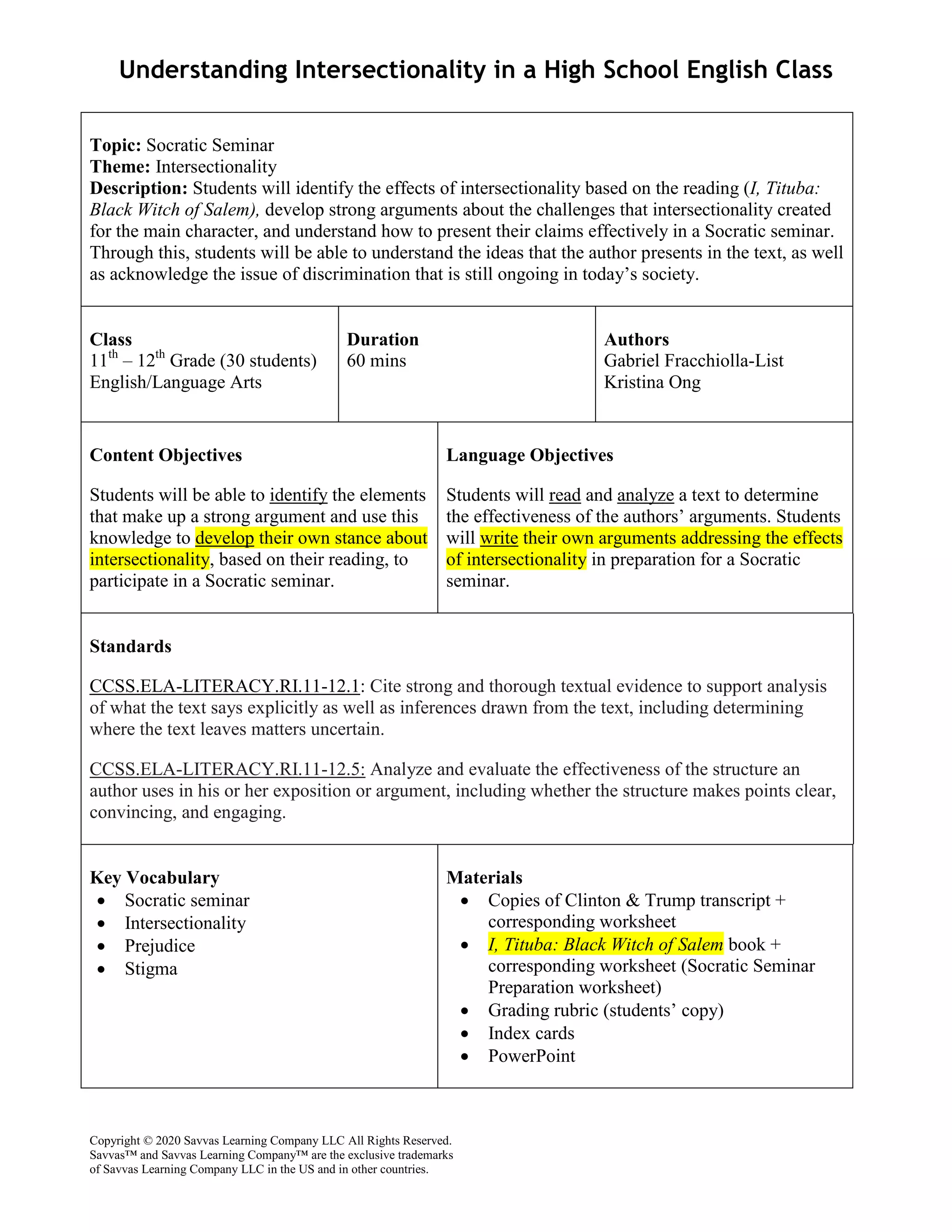 Understanding Intersectionality in a High School English Class | PDF
