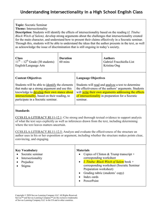 Understanding Intersectionality in a High School English Class | PDF