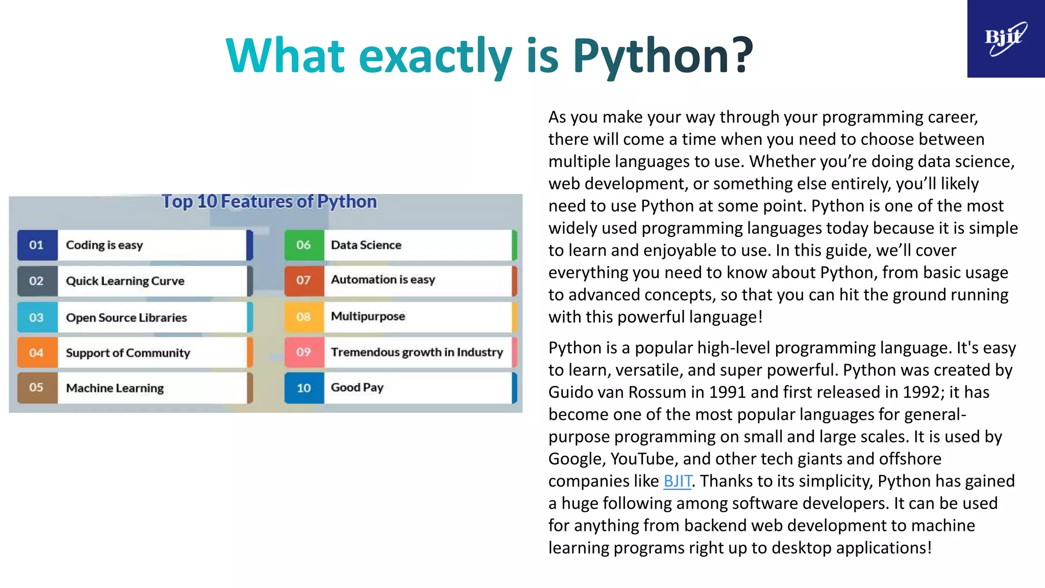 All you need to know about Python | BJIT | PPT