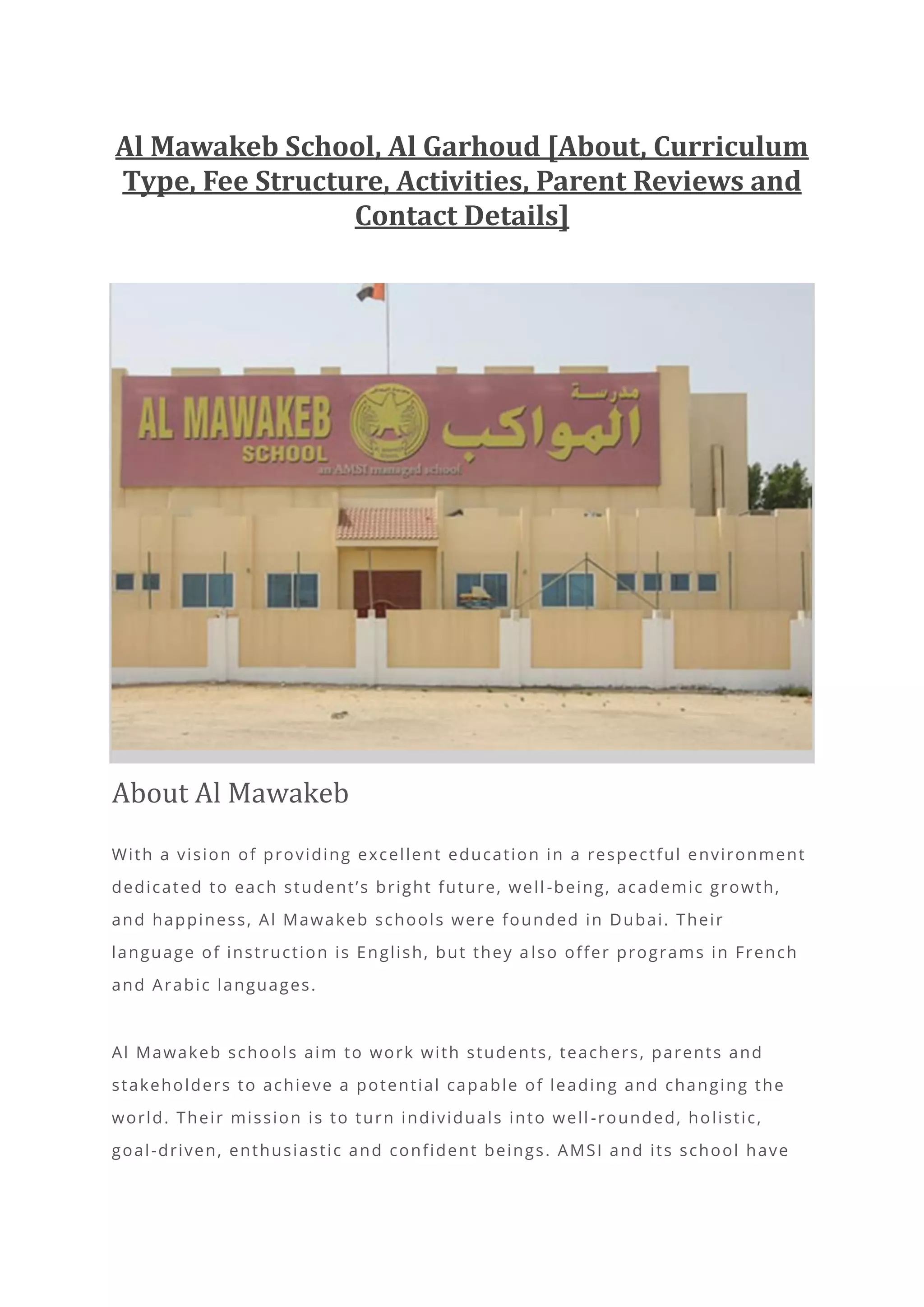 Al Mawakeb School Al Garhoud [About Curriculum Type Fee Structure ...