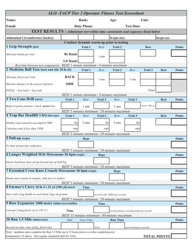 AF Tier 2 operator fitness test scoresheet | PDF