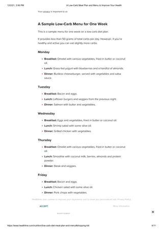 A low carb meal plan and menu to improve your health | PDF