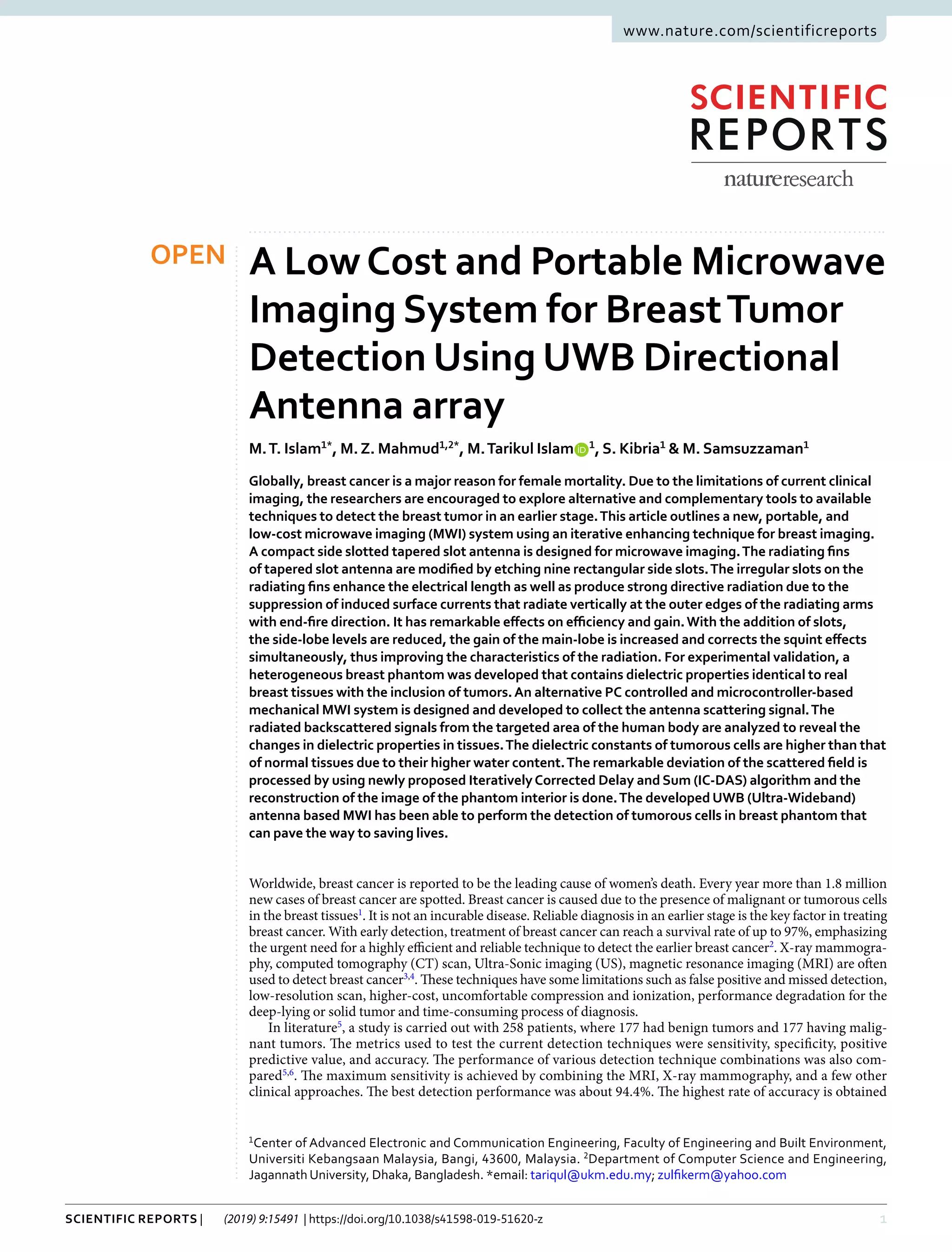 A Low Cost And Portable Microwave Imaging System For Breast Tumor Detection Using Uwb