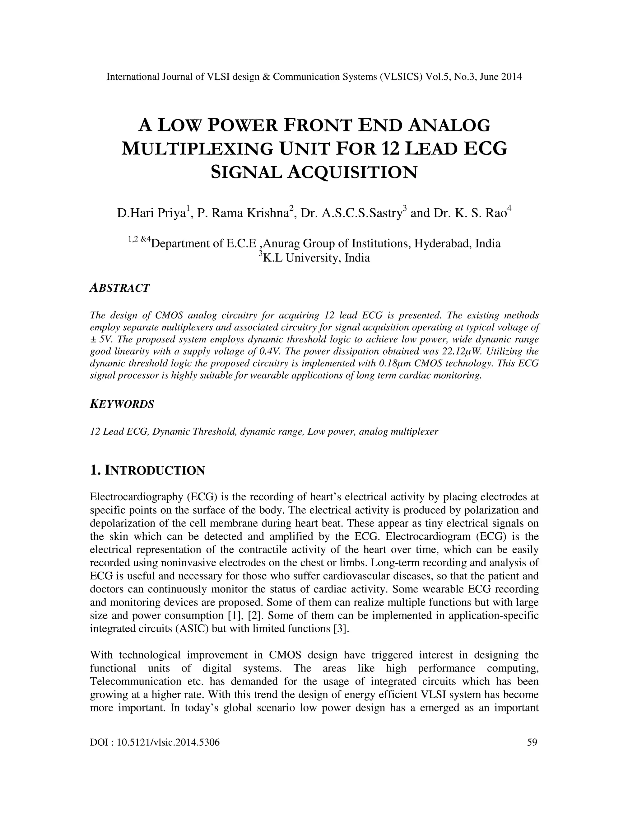 A low power front end analog multiplexing unit for 12 lead ecg signal ...