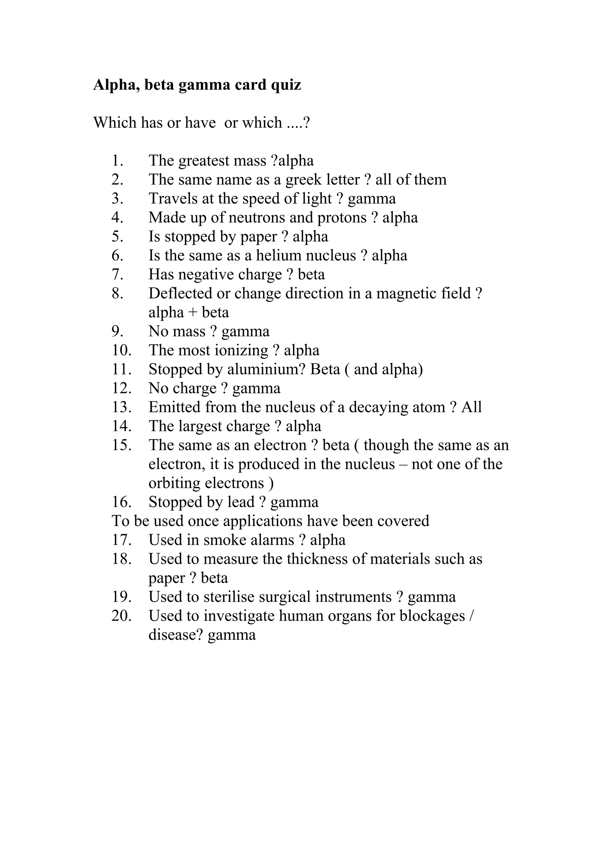 Alpha Beta Gamma Quiz Questions | DOC