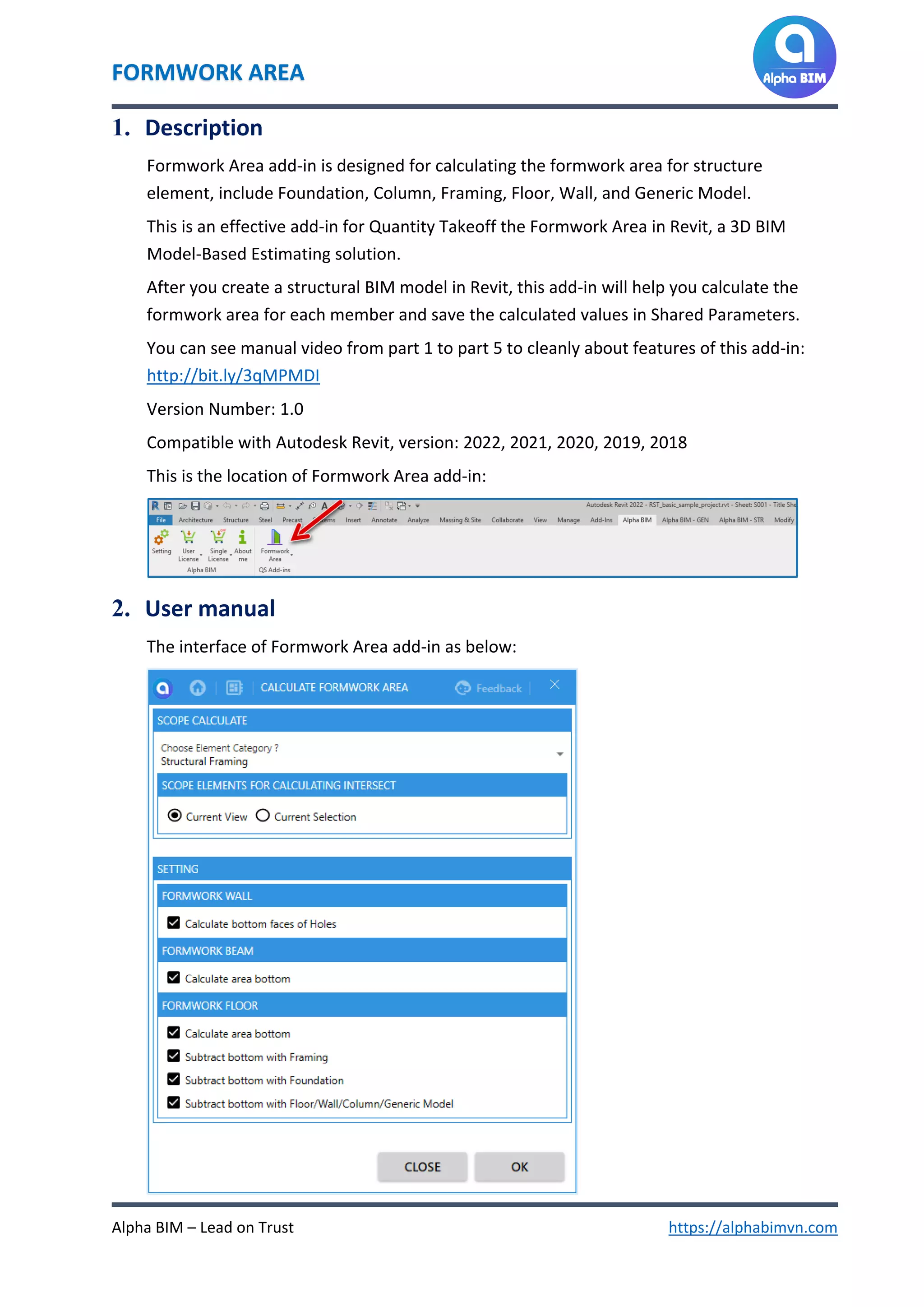 Alpha BIM Plugin | Formwork Area Guideline | Revit API | PDF