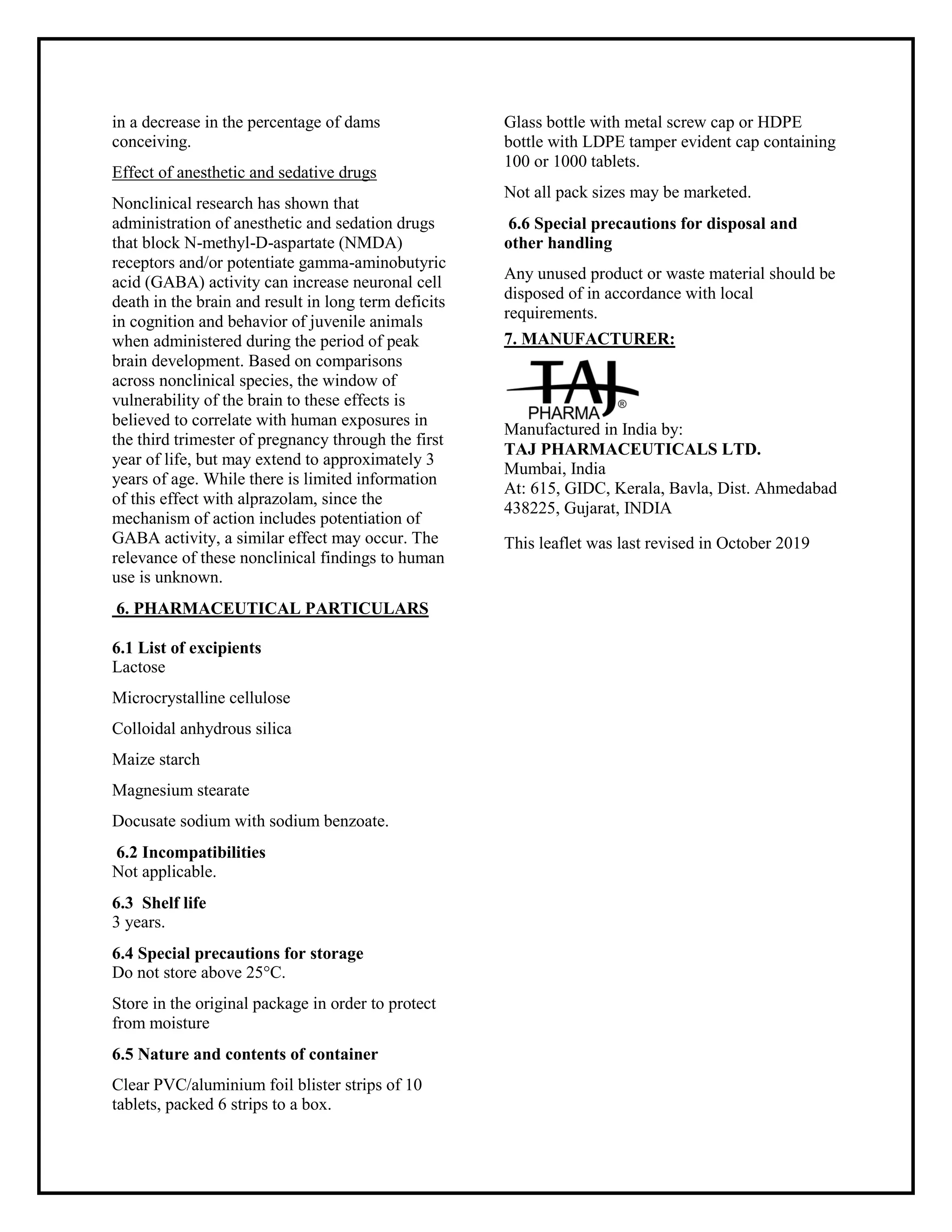 Alprazolam 250 microgram tablets smpc taj pharmaceuticals | PDF